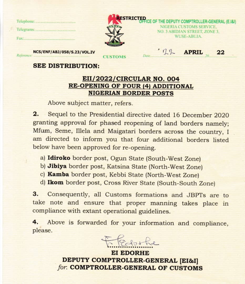 #BREAKING: F.G Reopens Idiroko, Jibiya, Kamba and Ikom border posts ...